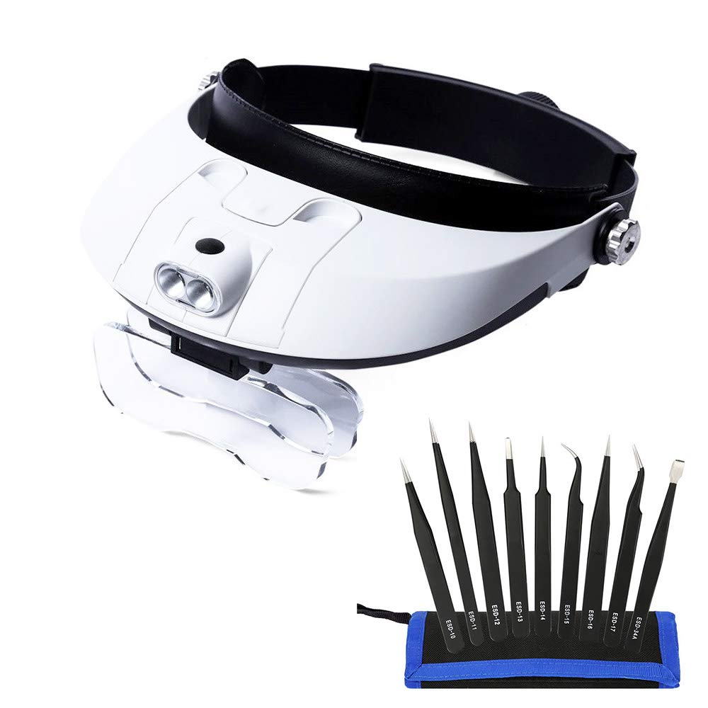 Jiusion Dual Lens Head Mount Headband Illuminating Magnifier with 9pcs ...